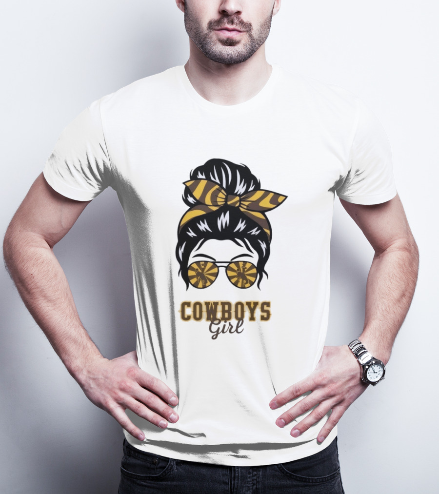 Wyoming Cowboys Girl Messy Bun Zebra Print Headband Glasses T-Shirt
