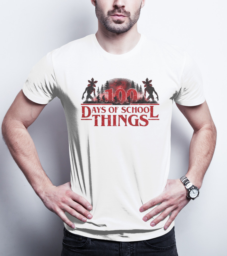 100 Days Of School Things Stranger Things Biking Adventure With Demogorgon T-Shirt