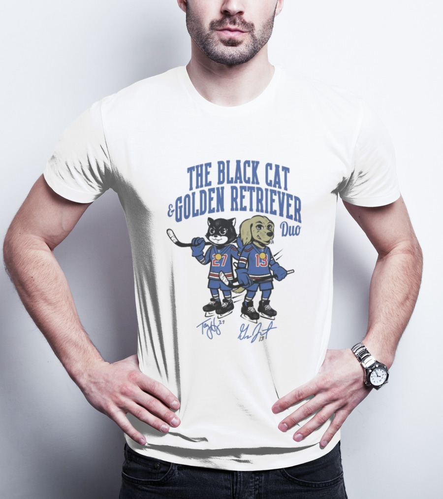 The Black Cat And Golden Retriever Duo Hockey Team 27 13 T-Shirt
