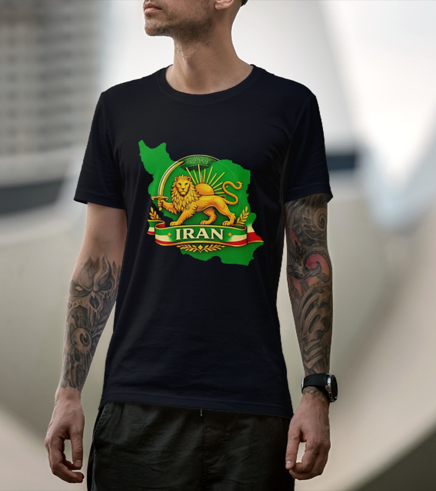 Iran Lion And Sun Emblem On Map Of Iran With National T-Shirt