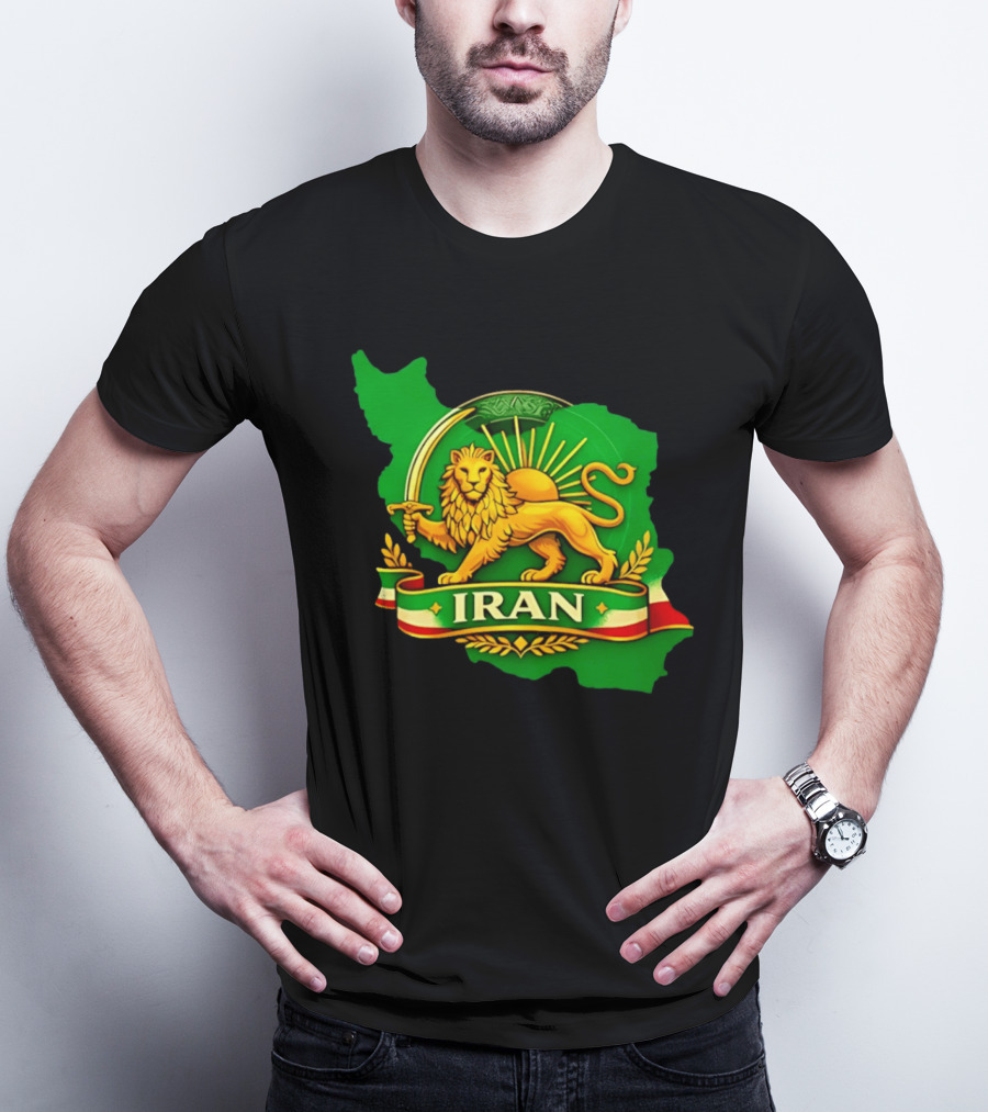 Iran Lion And Sun Emblem On Map Of Iran With National T-Shirt