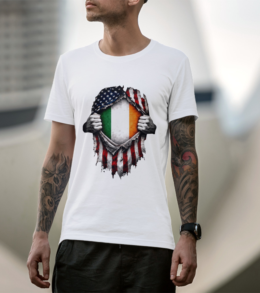 Irish Inside American Flag Tear With Ireland Flag T-Shirt