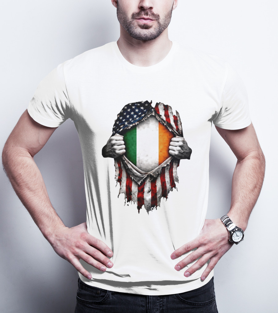 Irish Inside American Flag Tear With Ireland Flag T-Shirt