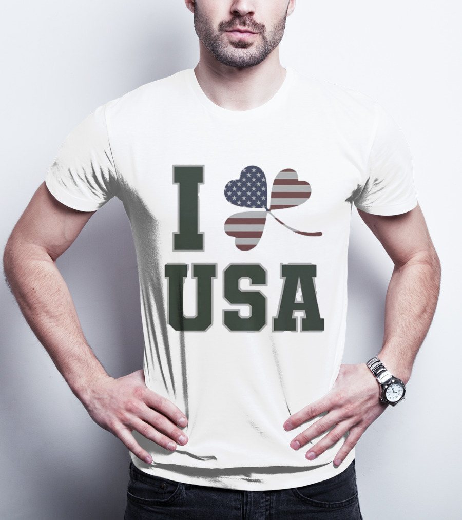 I Love USA St Patrick's Day Shamrock American Flag Heart T-Shirt