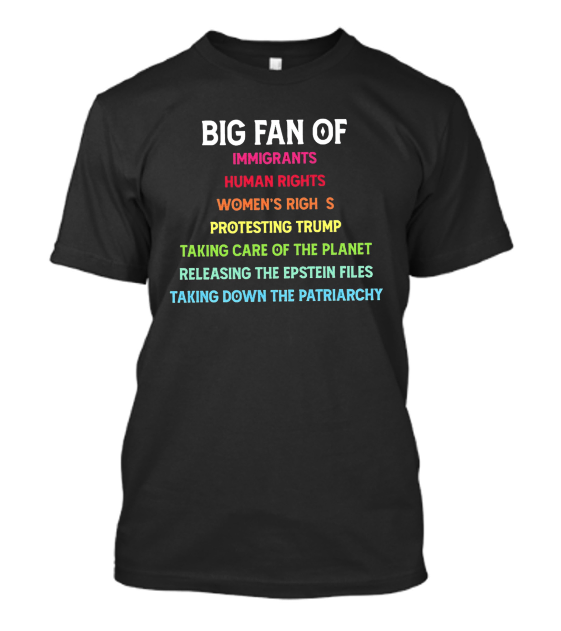 Big Fan Of Immigrants Human Rights Women's Rights Protesting Trump Taking Care Of The Planet Releasing The Epstein Files Taking Down The Patriarchy T-Shirt