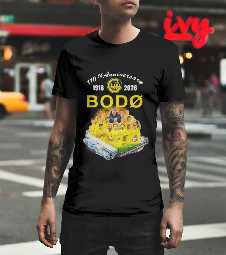 Bodø Glimt 110th Anniversary 1916 2026 Aspmyra Stadion Collage Featuring Players And Signatures T-Shirt