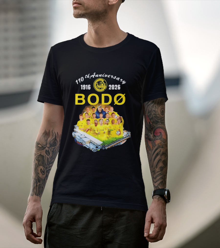 Bodø Glimt 110th Anniversary 1916 2026 Aspmyra Stadion Collage Featuring Players And Signatures T-Shirt