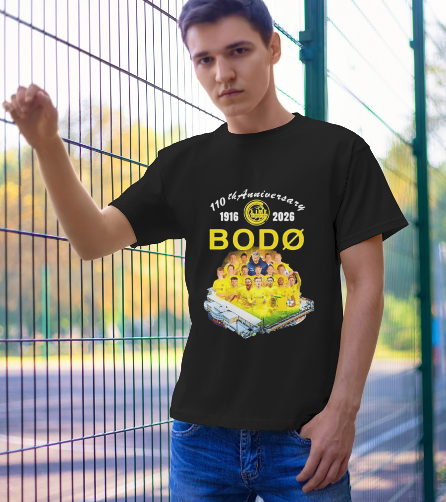 Bodø Glimt 110th Anniversary 1916 2026 Aspmyra Stadion Collage Featuring Players And Signatures T-Shirt