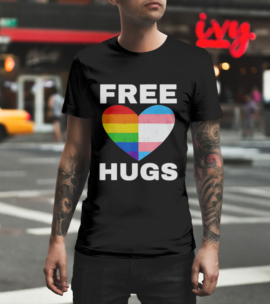 Free Hugs LGBTQ Rainbow Heart Pride T-Shirt