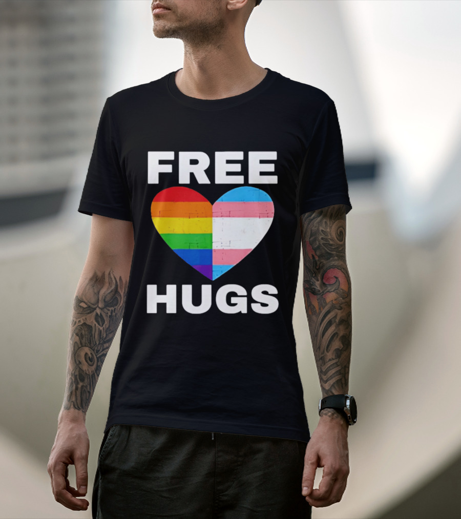Free Hugs LGBTQ Rainbow Heart Pride T-Shirt