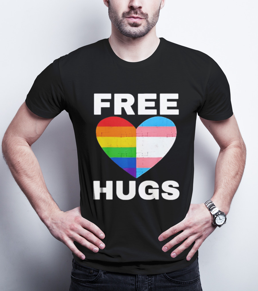 Free Hugs LGBTQ Rainbow Heart Pride T-Shirt