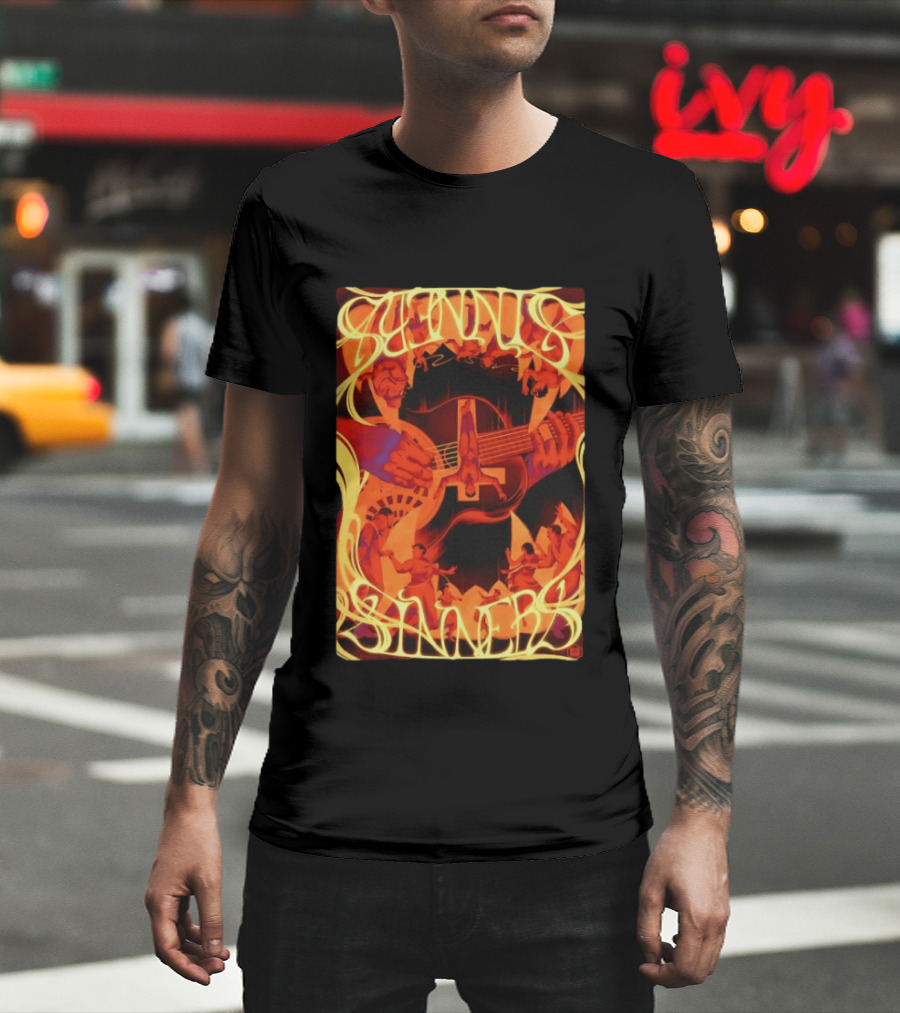 Sinners Pecadores Upside Down Guitar Person T-Shirt