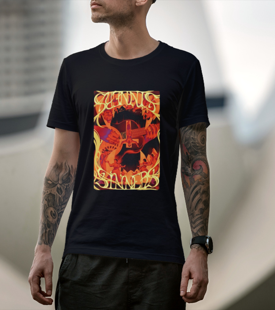 Sinners Pecadores Upside Down Guitar Person T-Shirt