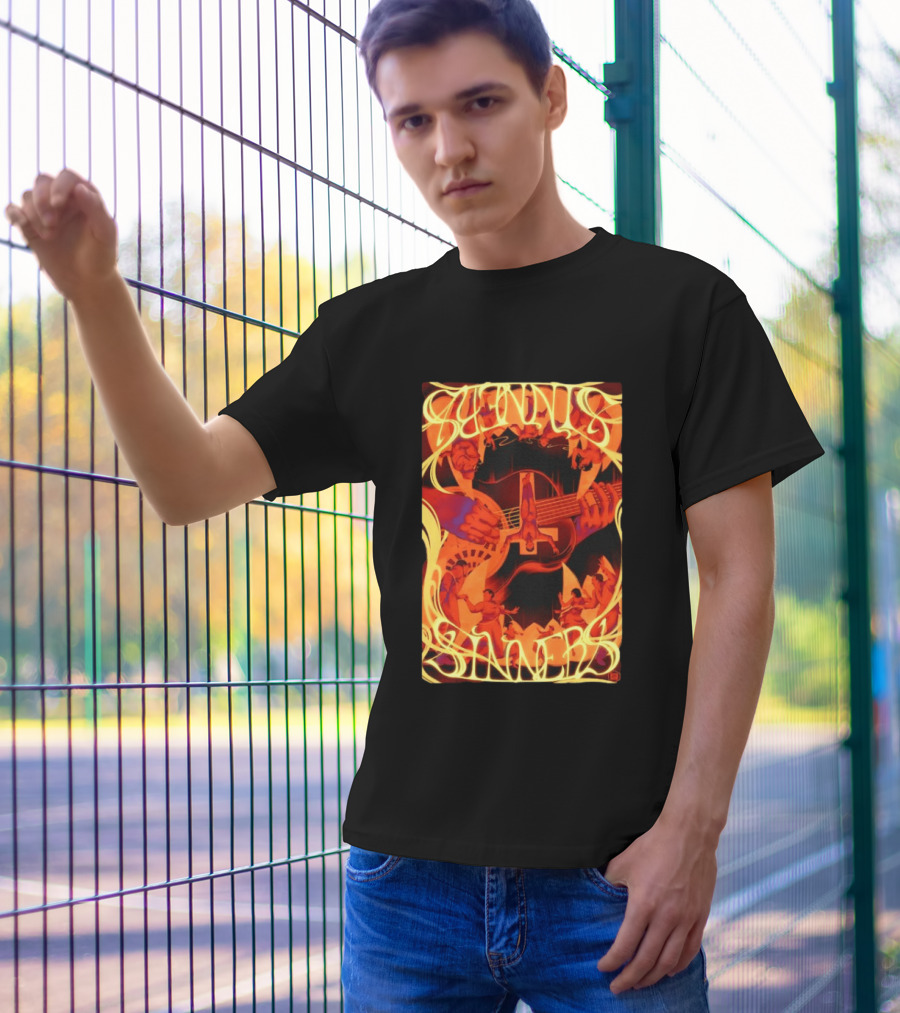 Sinners Pecadores Upside Down Guitar Person T-Shirt
