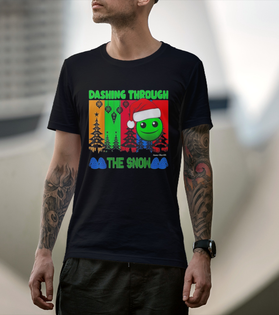 Dashing Through The Snow Emoji Santa Hat Christmas Trees Multicolor Snowflakes T-Shirt