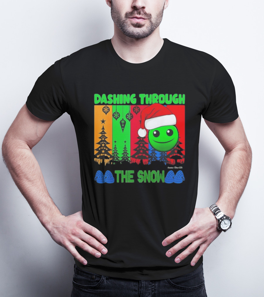 Dashing Through The Snow Emoji Santa Hat Christmas Trees Multicolor Snowflakes T-Shirt