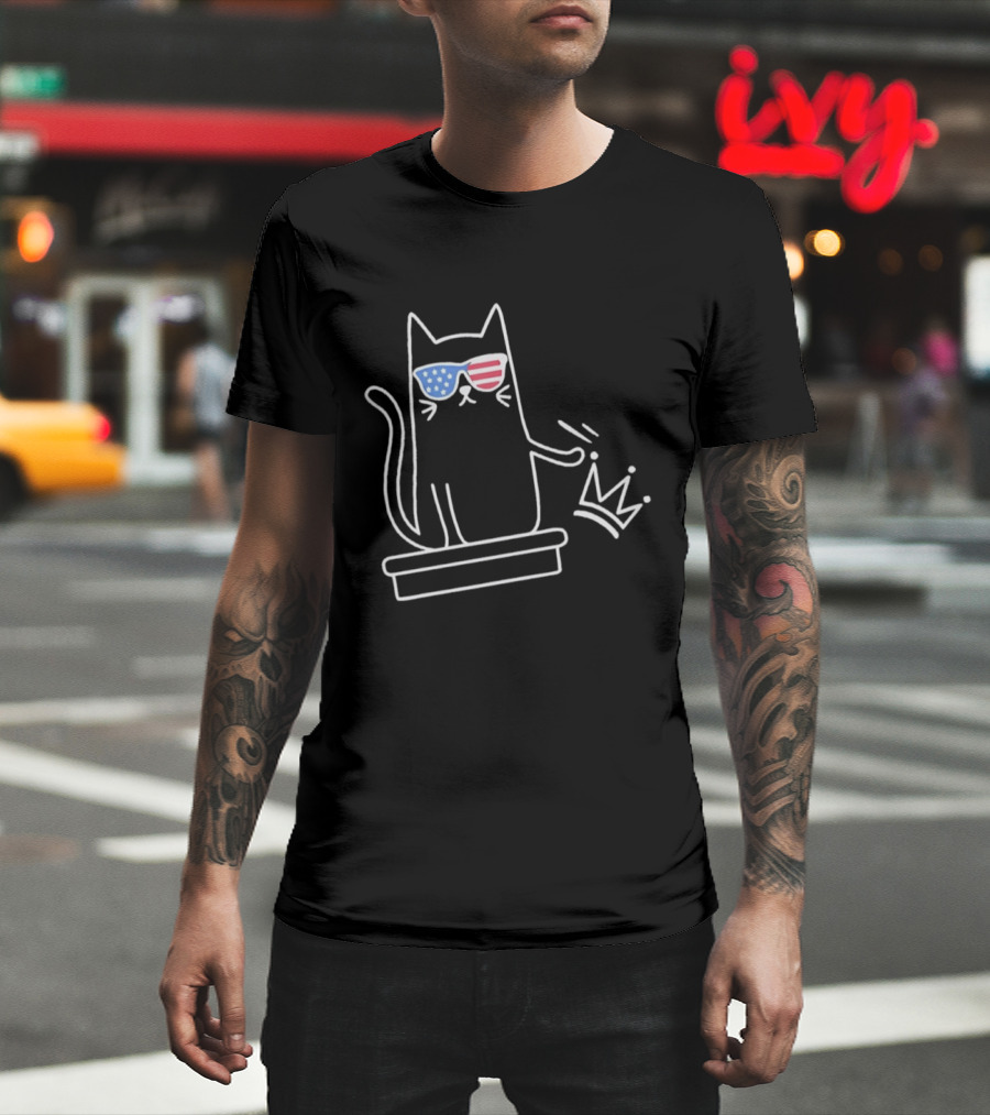 Cat No Kings In America Patriotic Sunglasses Sketch T-Shirt