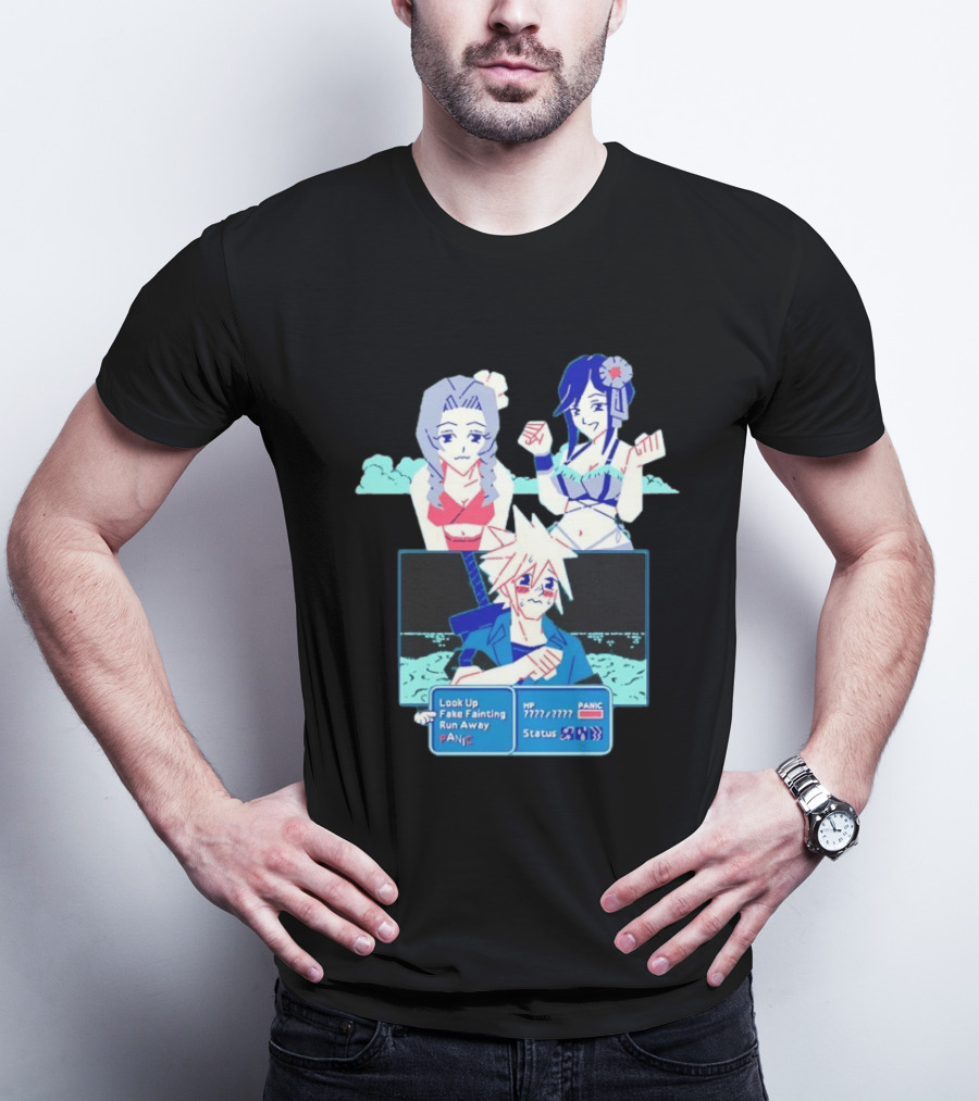 Cloud Strife Panic Aerith Tifa Final Fantasy VII Battle Scene Pixel T-Shirt