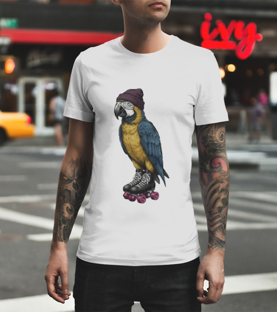Nice Roller Skating Parrot With Hat And Colorful Feathers T-Shirt