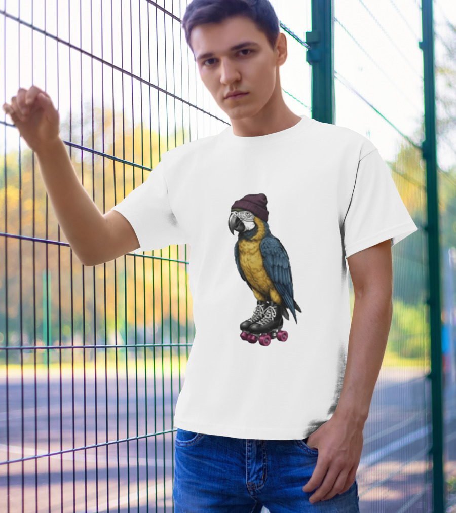 Nice Roller Skating Parrot With Hat And Colorful Feathers T-Shirt