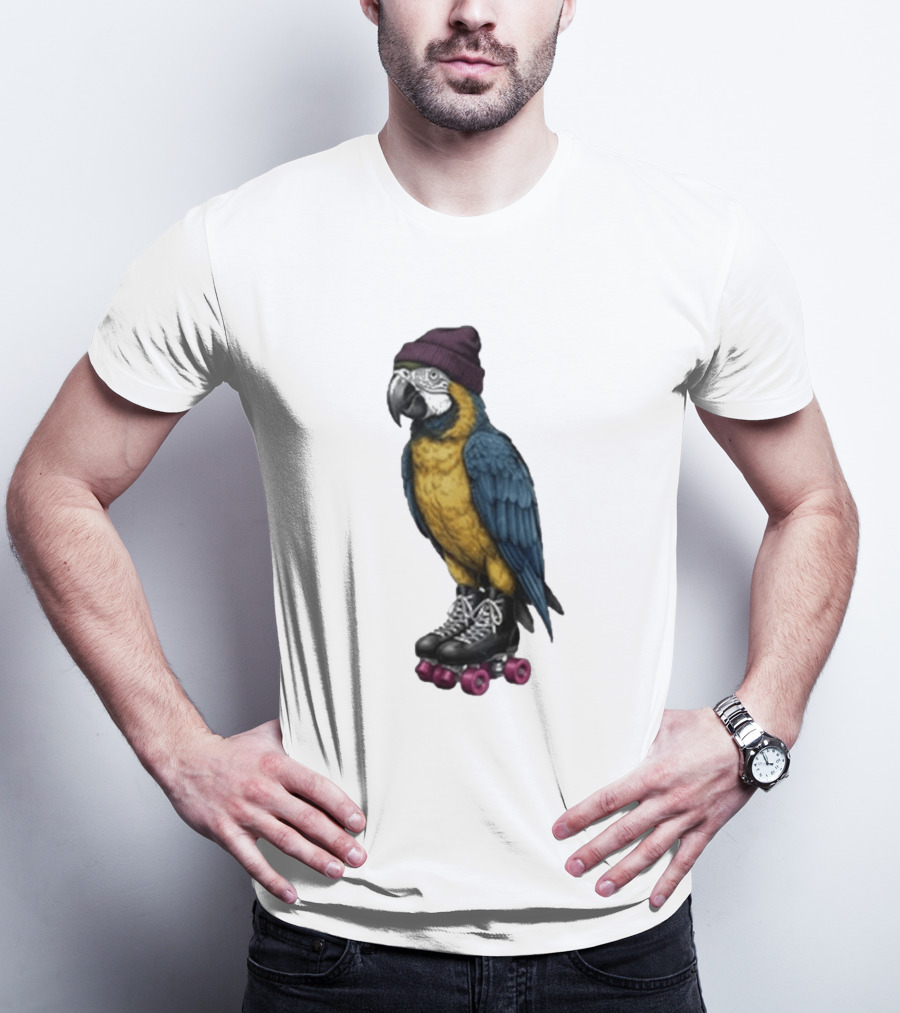 Nice Roller Skating Parrot With Hat And Colorful Feathers T-Shirt