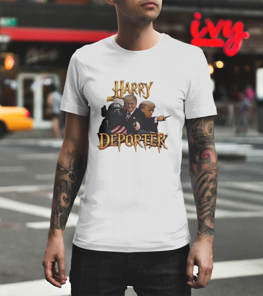Harry Deporter Trump Magic ICE Badge Wand American Flag T-Shirt