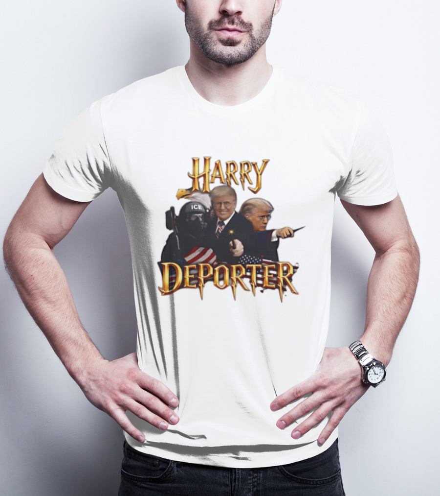 Harry Deporter Trump Magic ICE Badge Wand American Flag T-Shirt