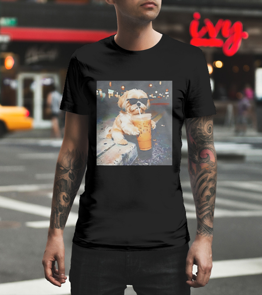 Shih Tzu Enjoying Iced Coffee At Night With Sunglasses T-Shirt