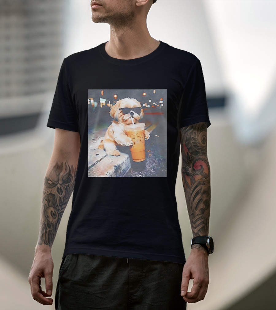Shih Tzu Enjoying Iced Coffee At Night With Sunglasses T-Shirt