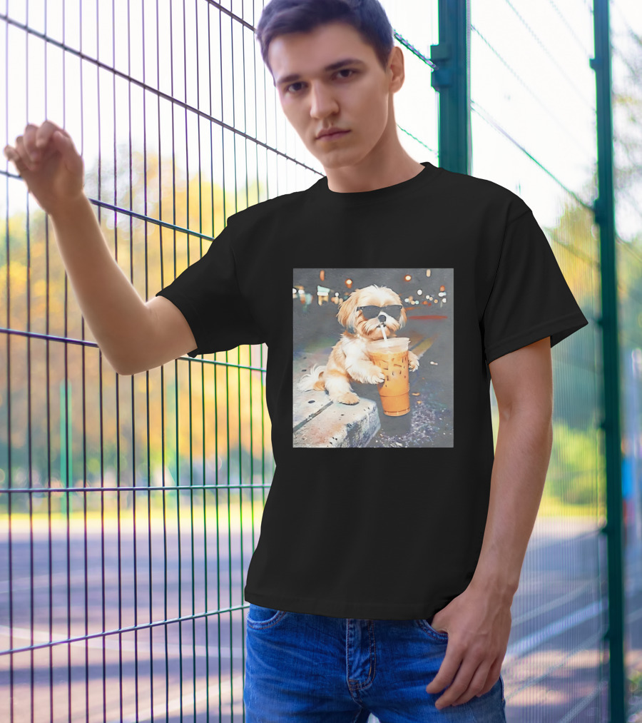 Shih Tzu Enjoying Iced Coffee At Night With Sunglasses T-Shirt