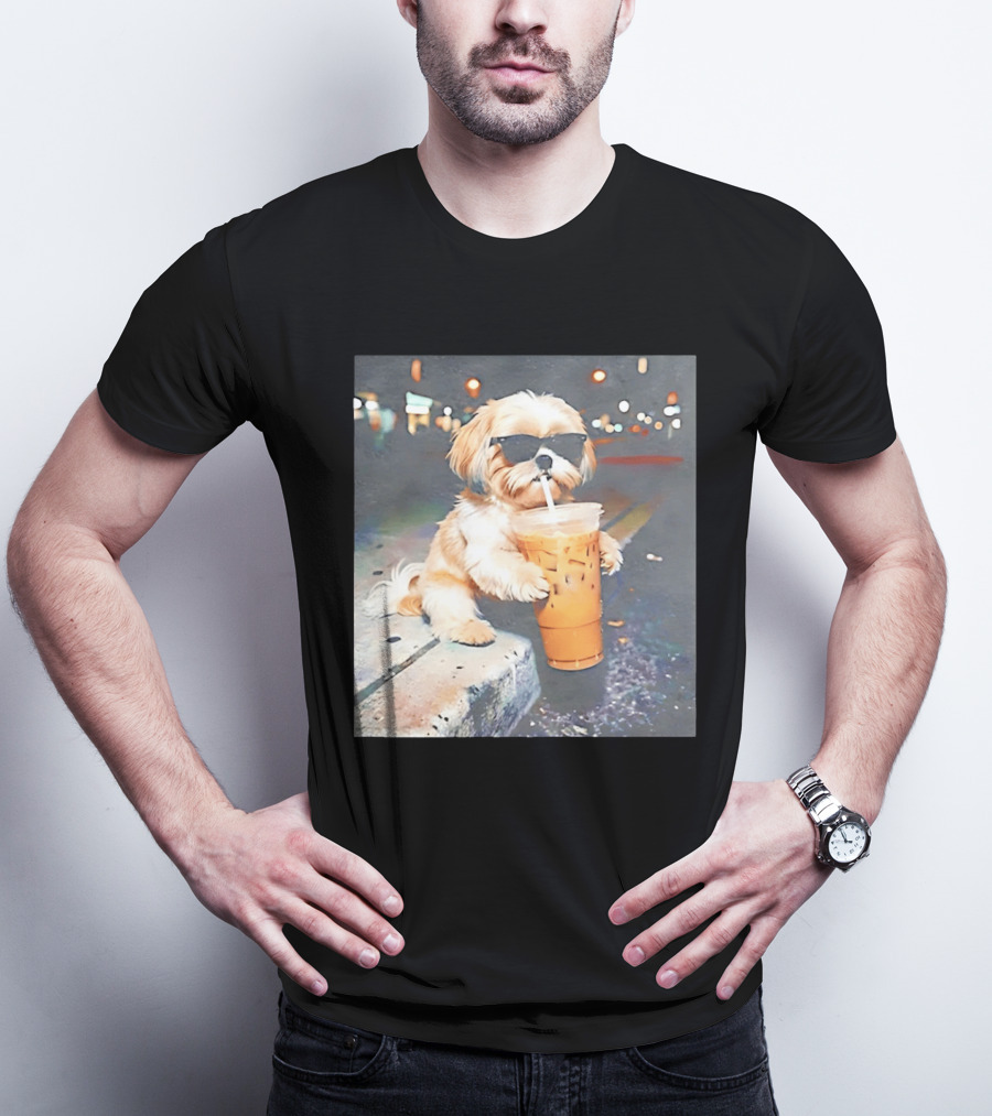 Shih Tzu Enjoying Iced Coffee At Night With Sunglasses T-Shirt