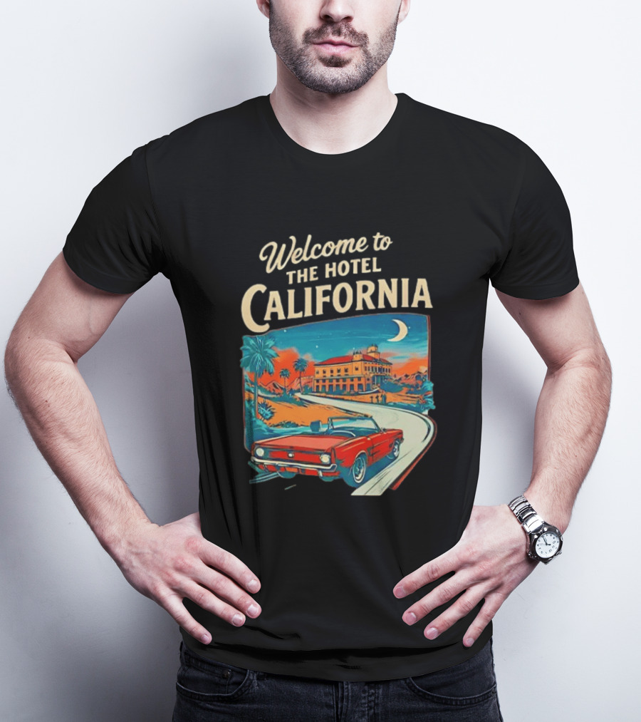 Welcome To The Hotel California Red Convertible Vintage Palm Trees Moonlit Scene T-Shirt