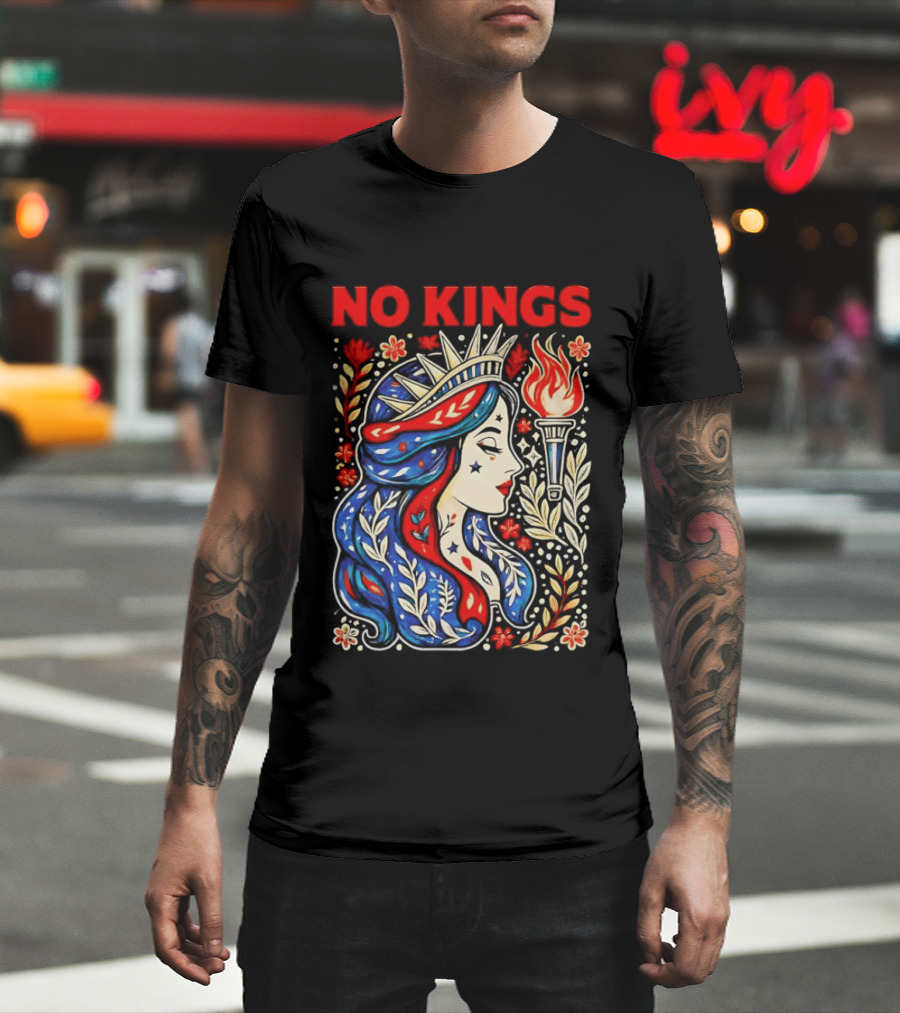 No Kings Liberty Crowned Woman Torch And Floral T-Shirt