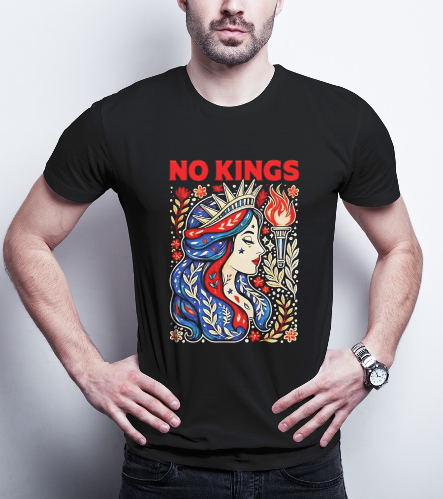No Kings Liberty Crowned Woman Torch And Floral T-Shirt