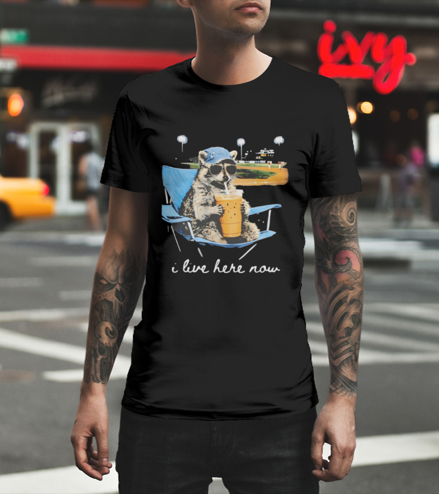 Raccoon I Live Here Now Funny Coffee Lover Camping Chair Sunglasses Baseball Cap T-Shirt