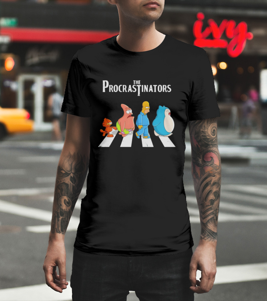 The Procrastinators Cartoon Abbey Road Parody With Iconic Characters Crossing T-Shirt
