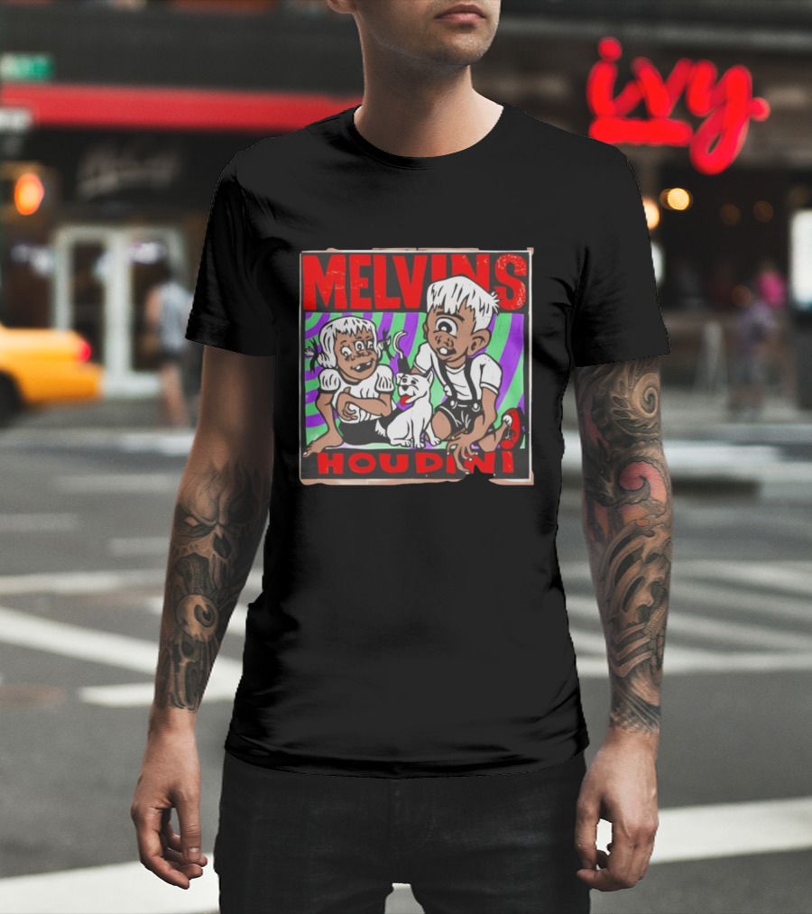 Melvins Houdini Album Cover Art With Two Cartoon Characters And Cat T-Shirt