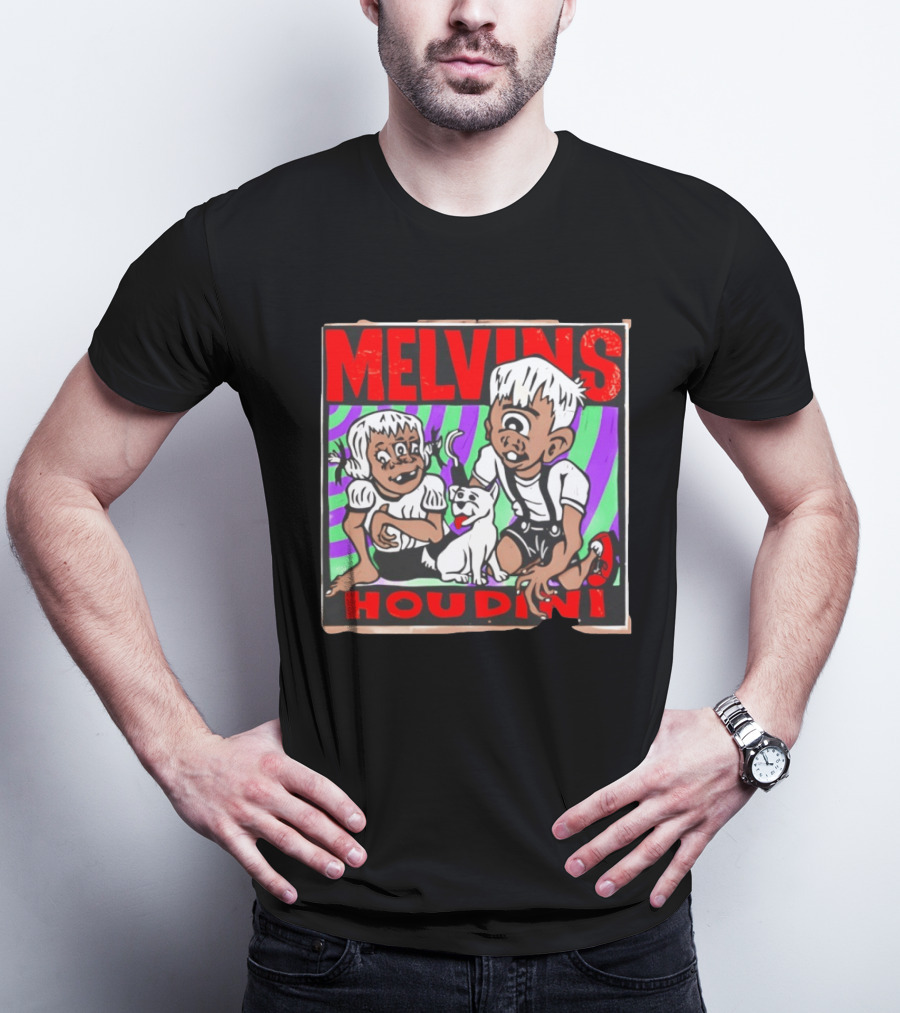 Melvins Houdini Album Cover Art With Two Cartoon Characters And Cat T-Shirt