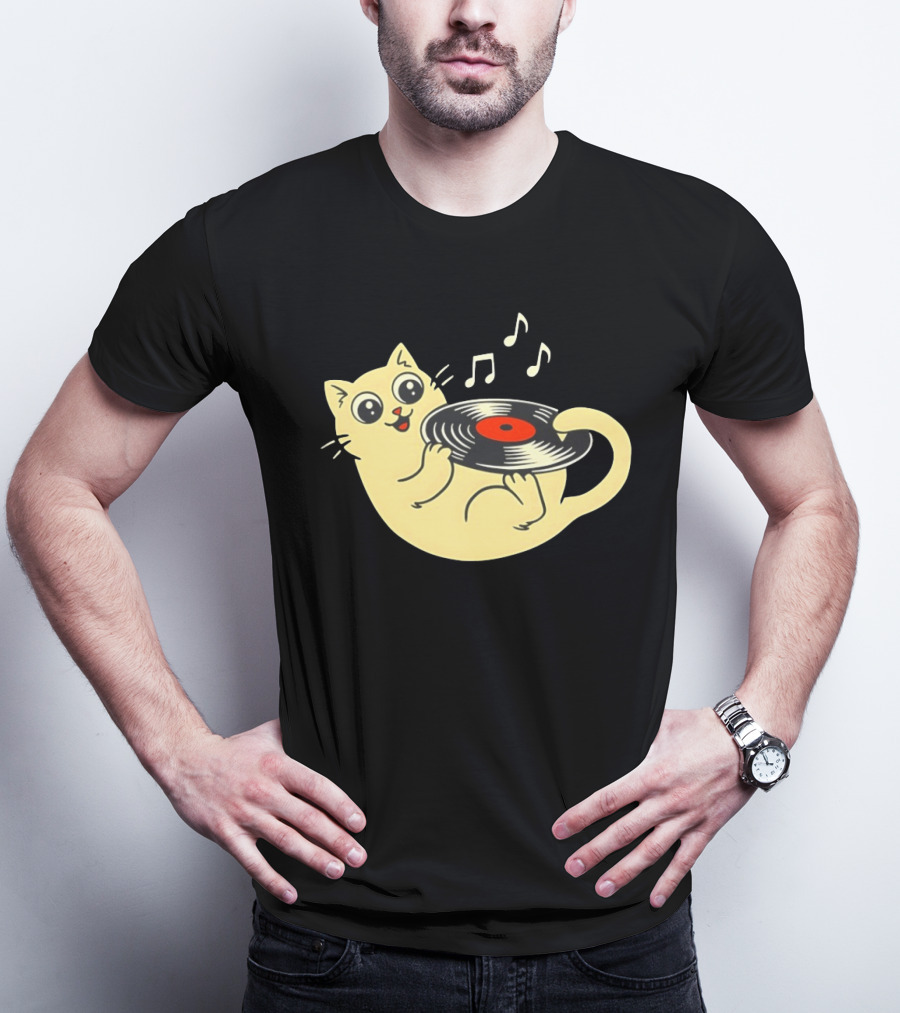 Turntable Cat Spinning Vinyl Record With Musical Notes T-Shirt