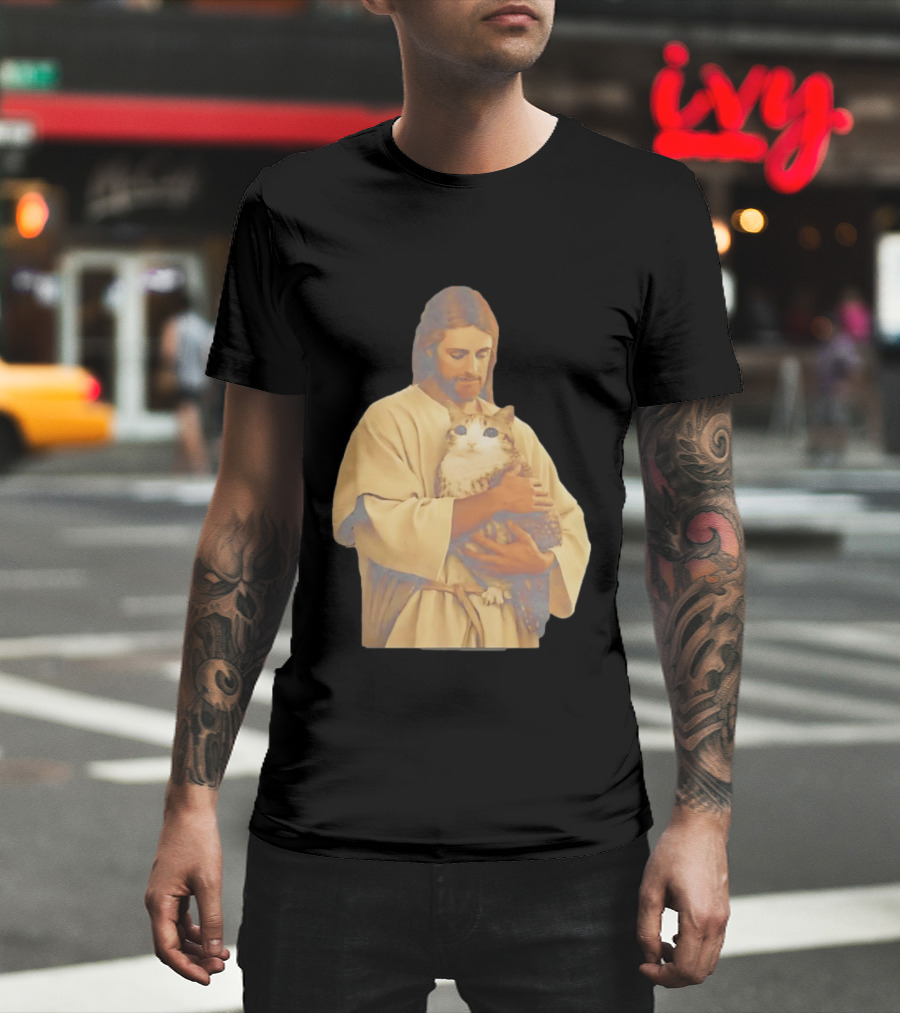 Jesus Embracing Chubby Cat T-Shirt