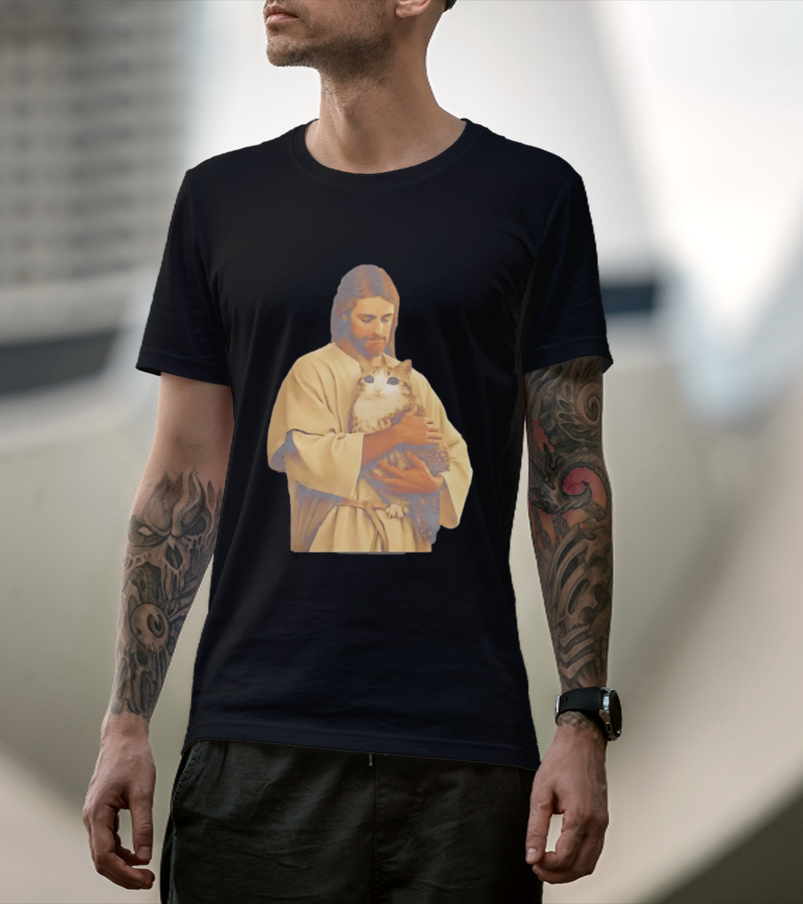 Jesus Embracing Chubby Cat T-Shirt