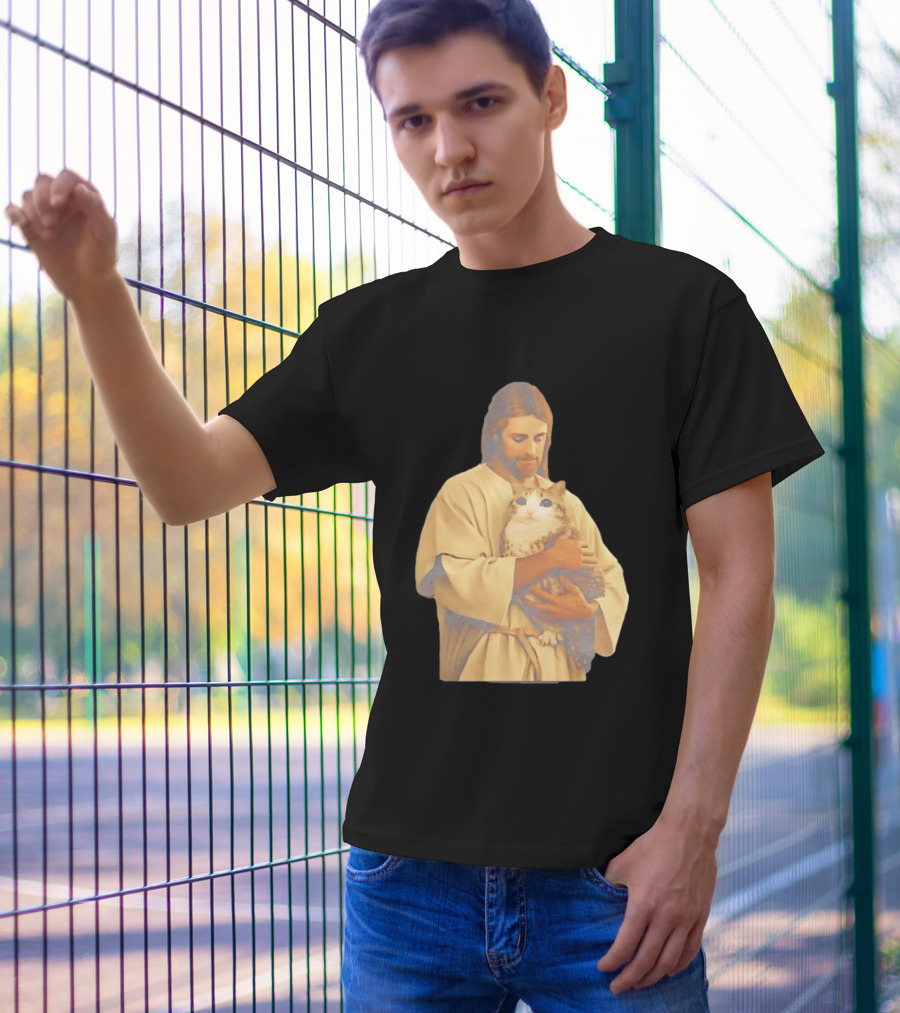 Jesus Embracing Chubby Cat T-Shirt