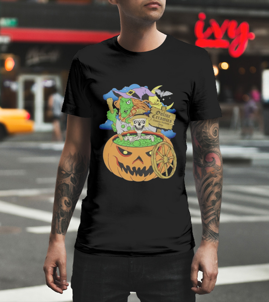 Online Ceramics Sleepy Hollow Ohio Witch Skeleton Pumpkin Cauldron Scene T-Shirt