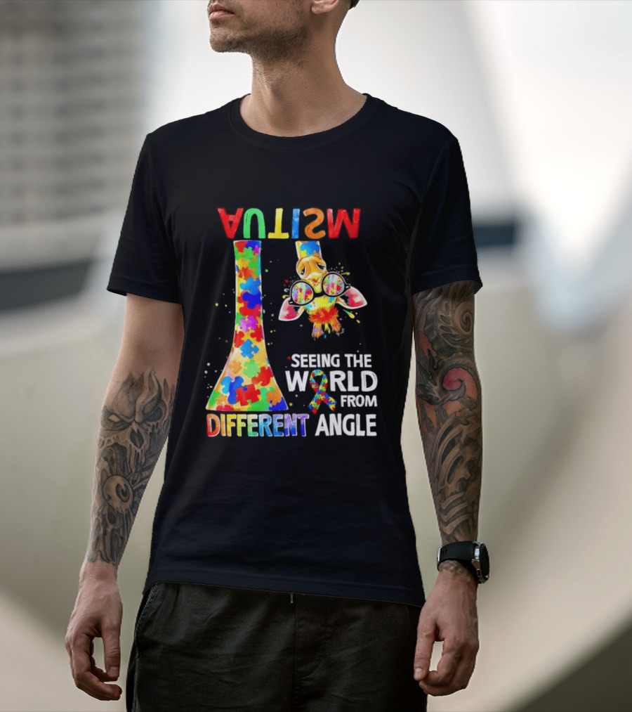 Giraffe Autism Awareness Seeing The World From Different Angle Puzzle T-Shirt