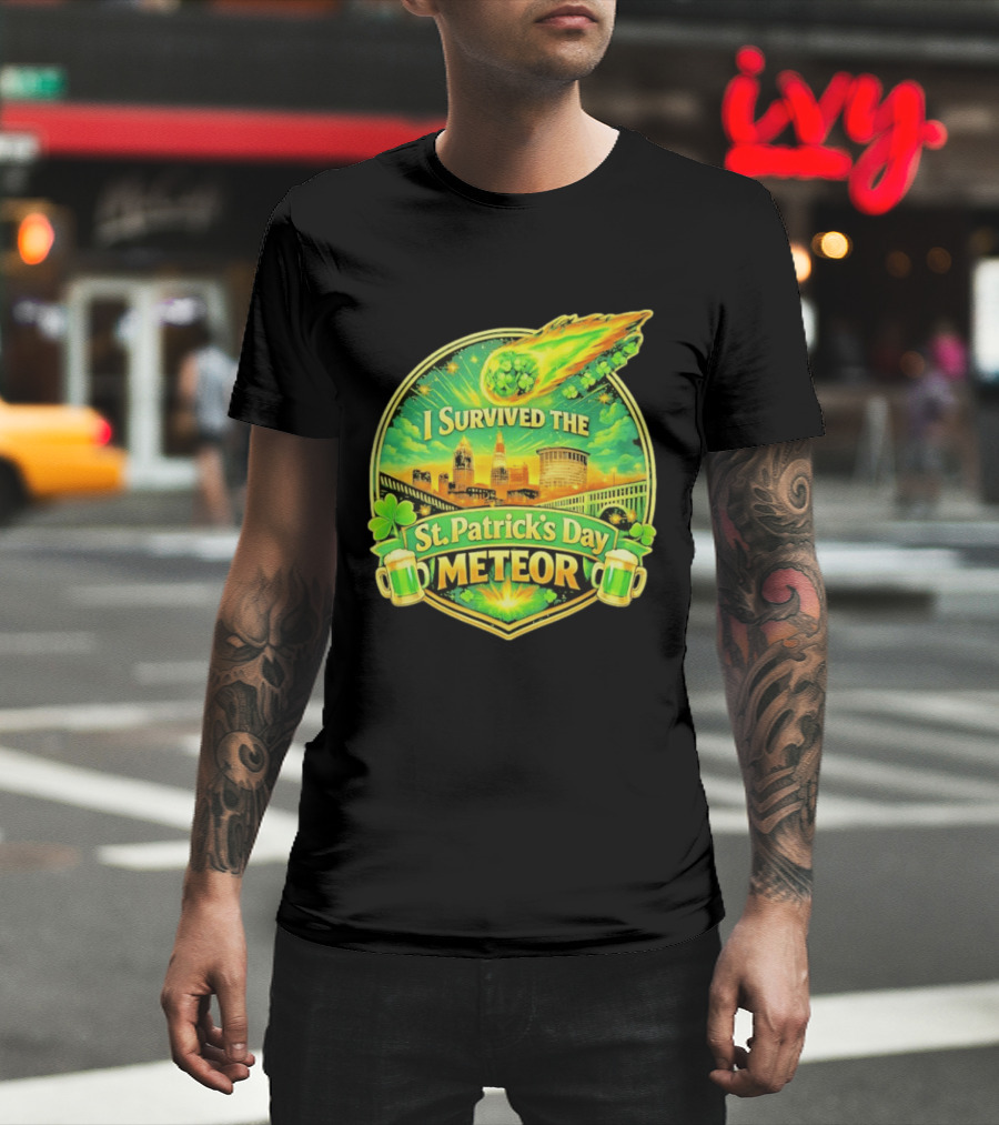 I Survived The St Patrick's Day Meteor 2026 Cityscape And Cloverburst T-Shirt