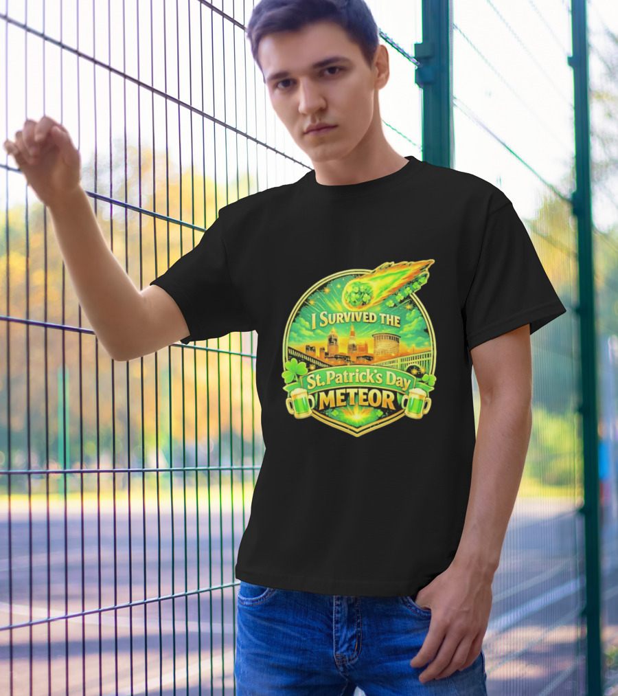 I Survived The St Patrick's Day Meteor 2026 Cityscape And Cloverburst T-Shirt