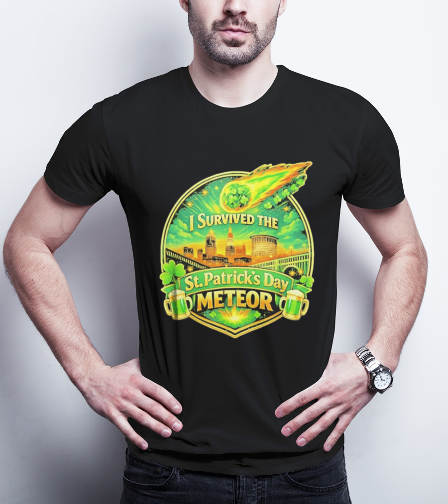 I Survived The St Patrick's Day Meteor 2026 Cityscape And Cloverburst T-Shirt