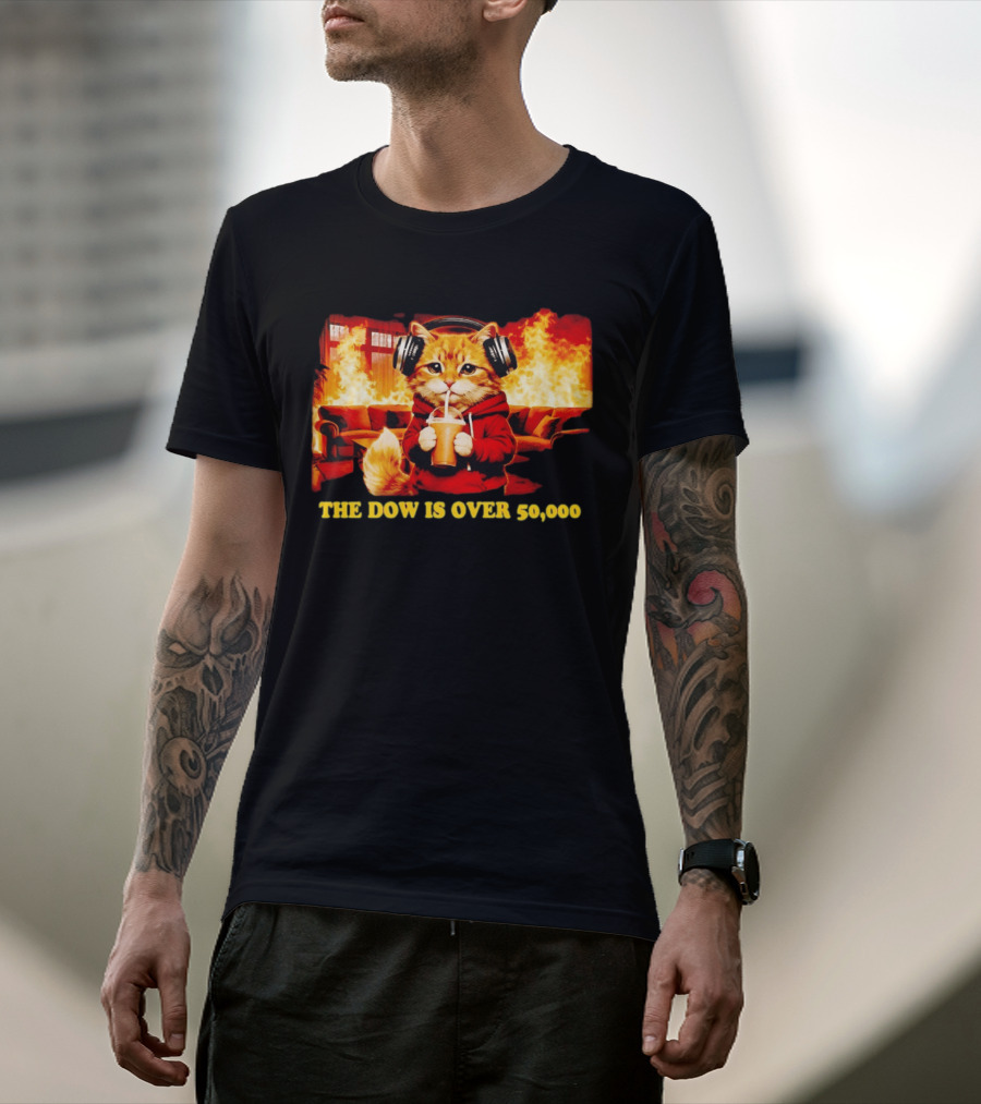 Cat Headphones Sipping Drink Couch Fire The Dow Is Over 50000 T-Shirt