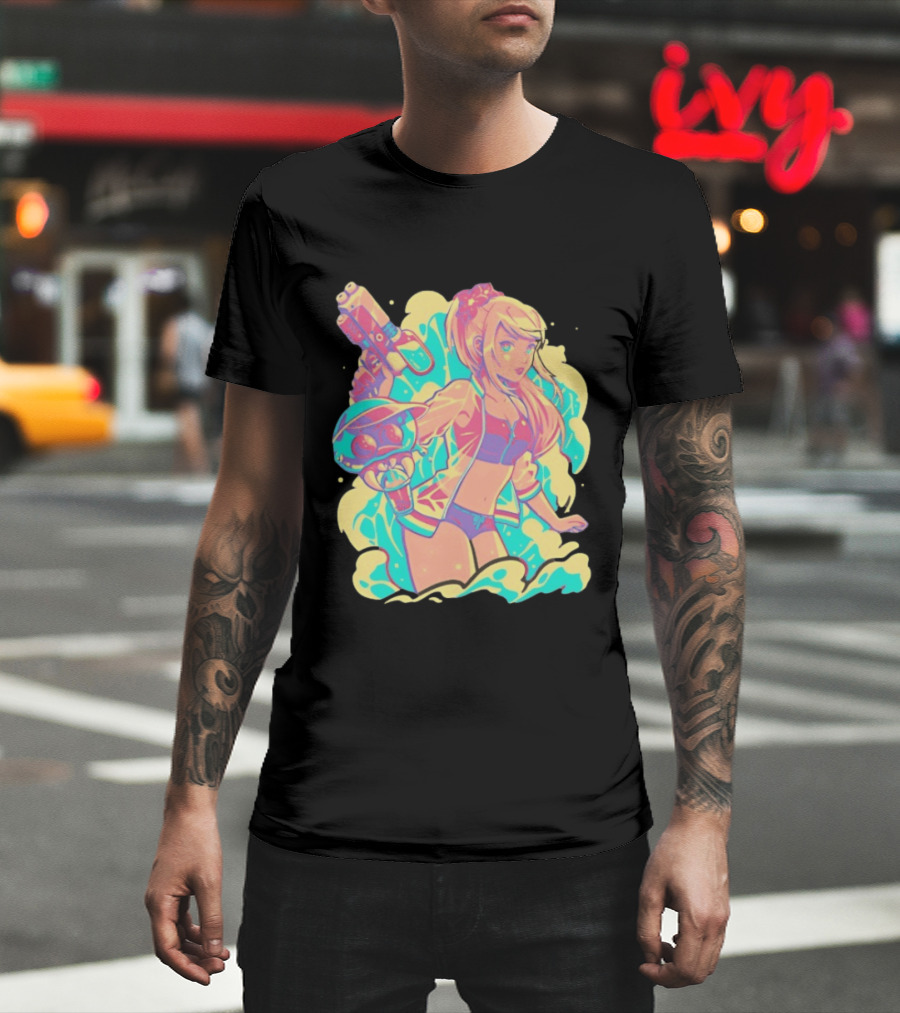 Metroid Water Games Neon Anime Girl With Water Gun And Floating Creature T-Shirt