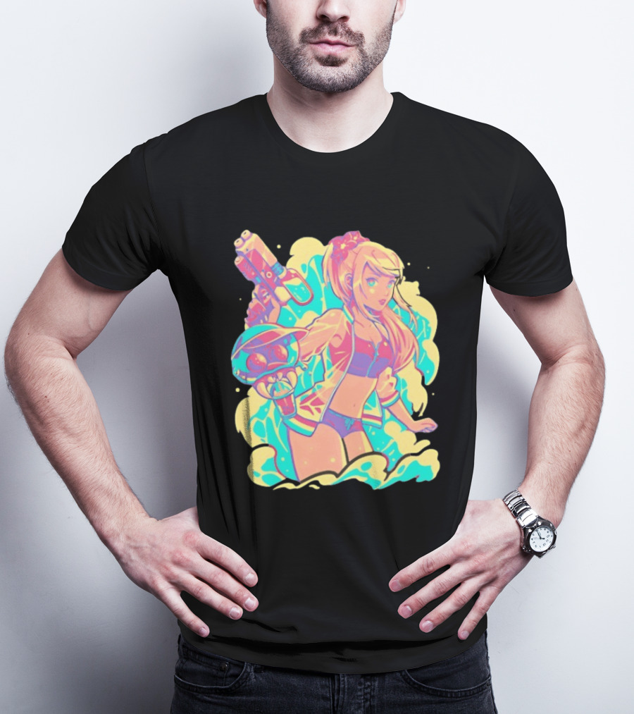 Metroid Water Games Neon Anime Girl With Water Gun And Floating Creature T-Shirt